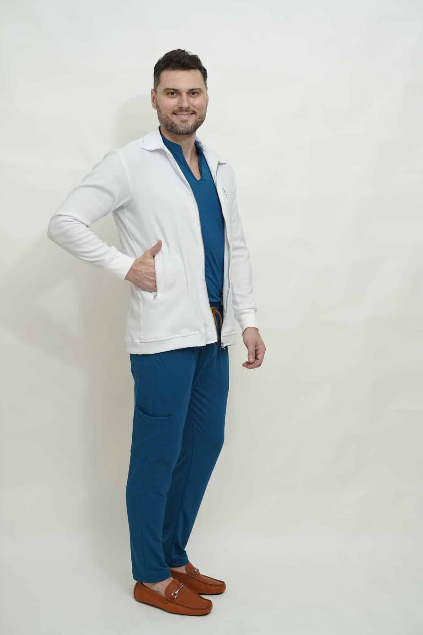 Doctor's Jacket for Men | White with Silver Zip | Stretchable - Sashafe