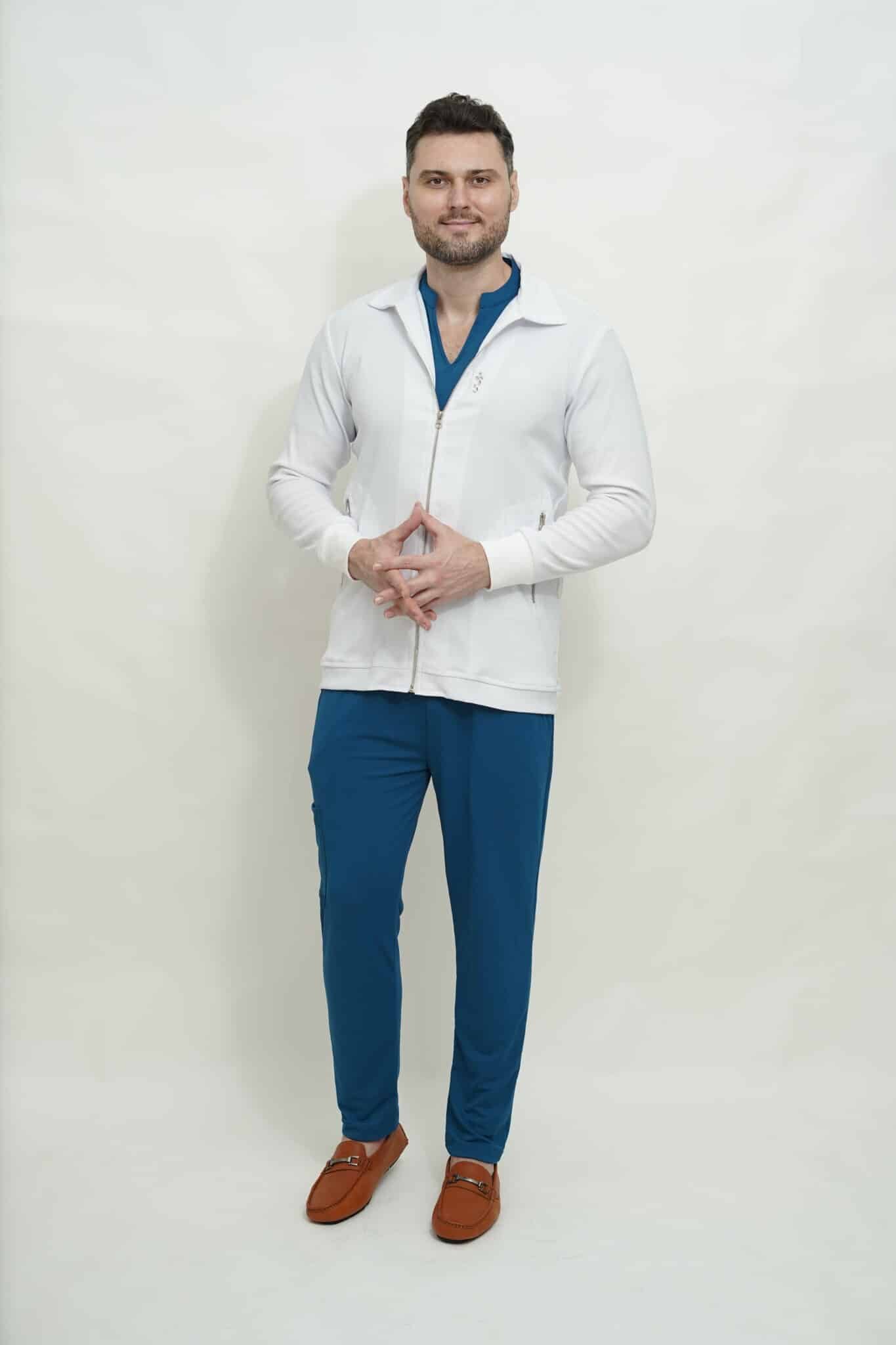 Doctor's Jacket for Men | White with Silver Zip | Stretchable - Sashafe